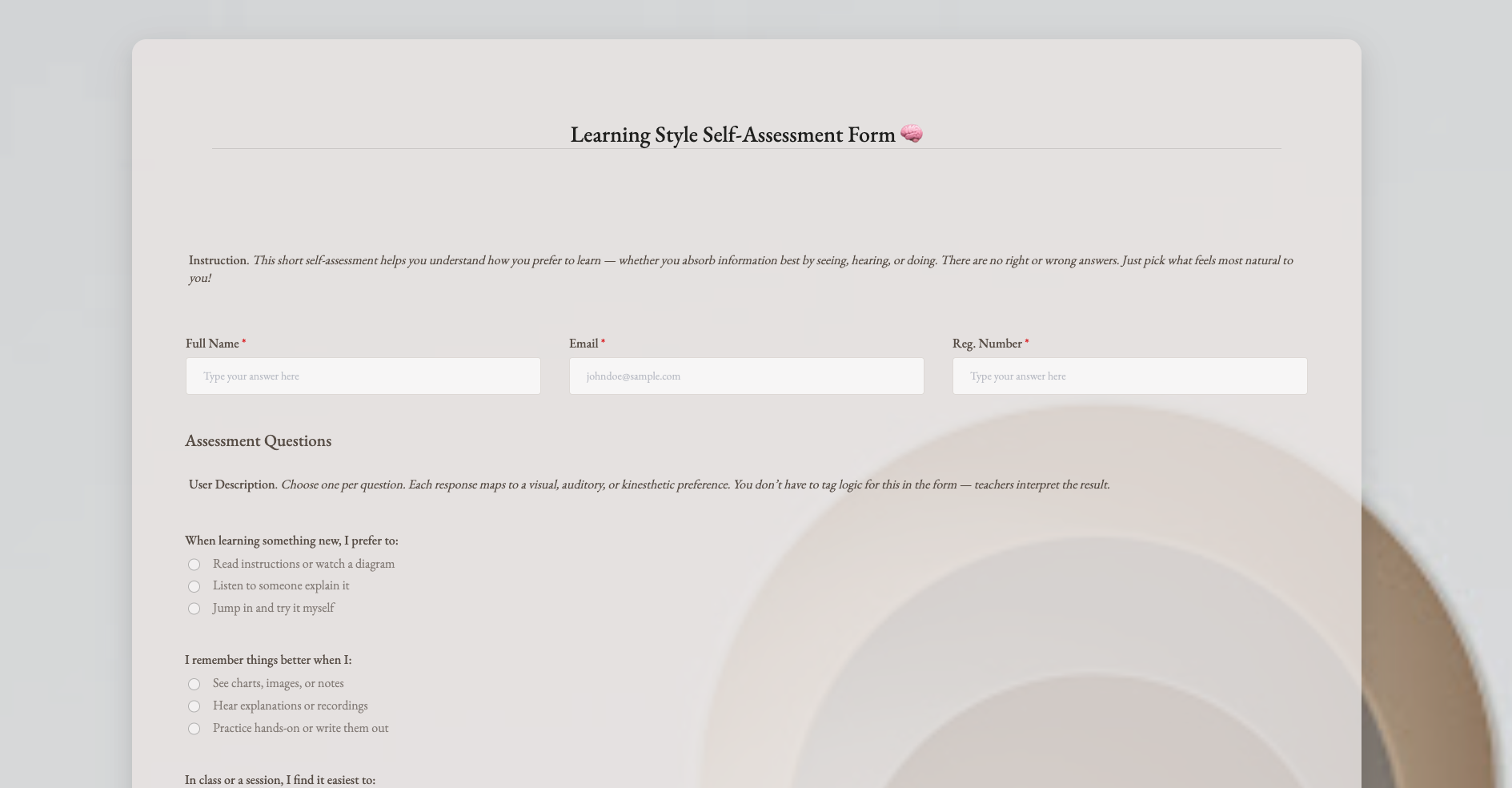 Learning Style Self Assessment Form | Formplus